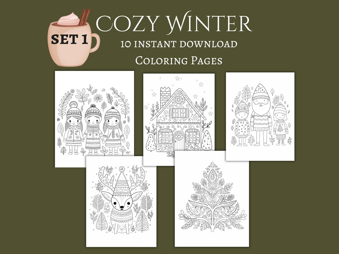 10 Cozy Winter Coloring Pages, Set 1, Hand-drawn, Instant Download ...