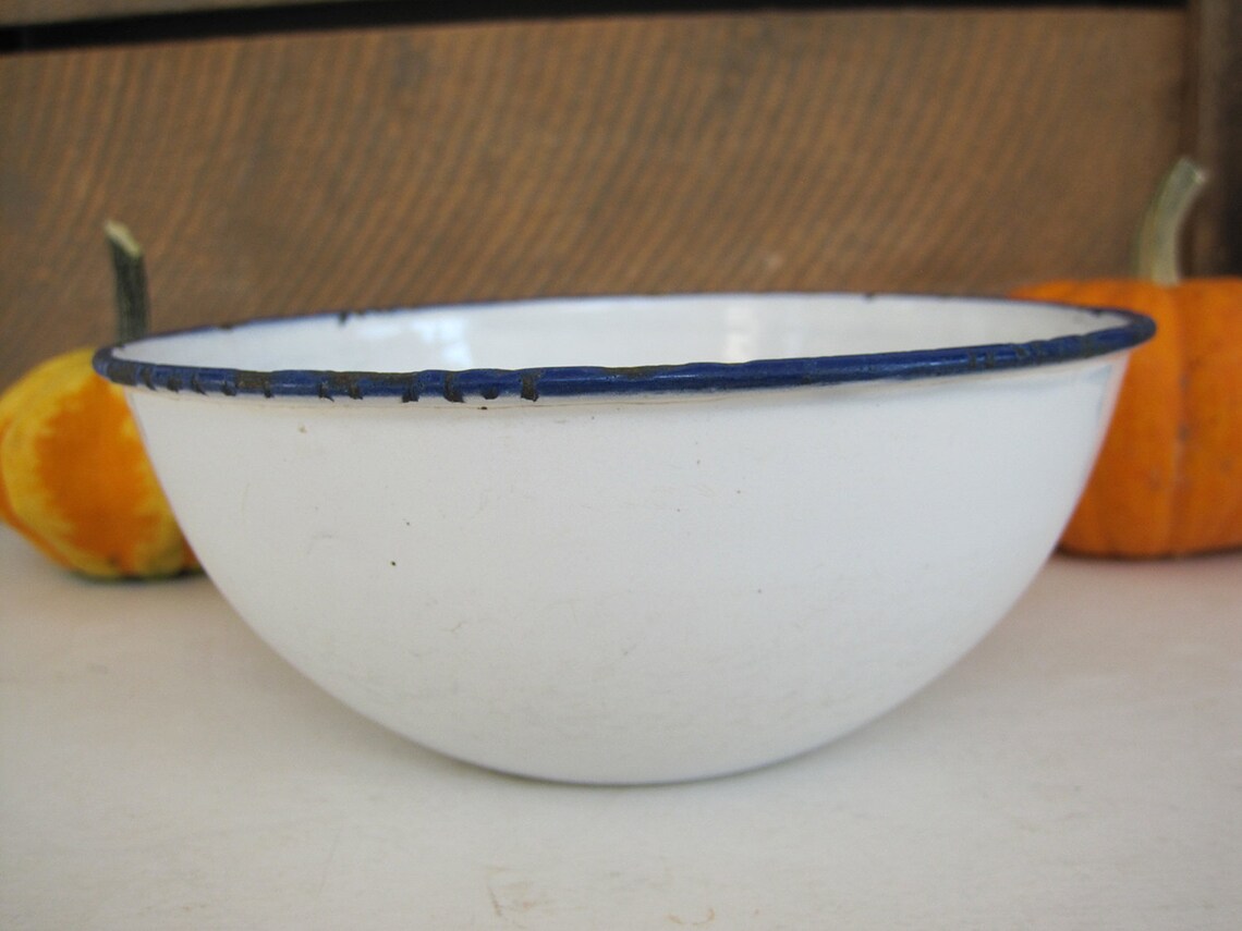 Vintage White Blue Rim Enamelware Small Bowl and Cups Handless - Etsy