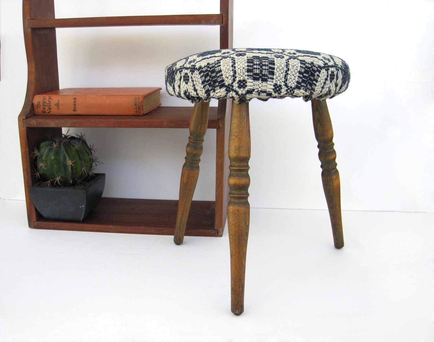 Antique Three Leg Stool Small Wood Primitive Upholstered Blue | Etsy