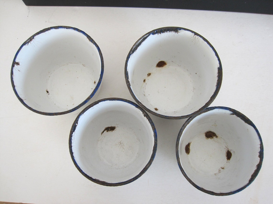 Vintage White Blue Rim Enamelware Small Bowl and Cups Handless - Etsy