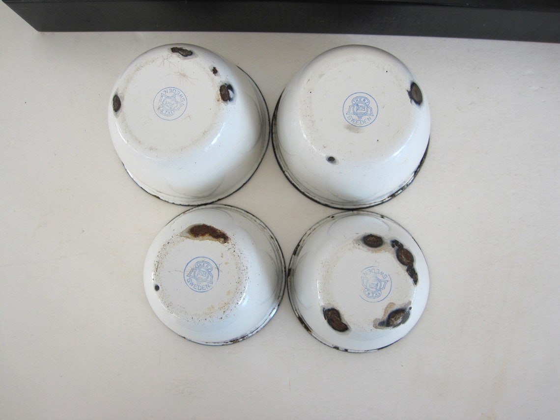 Vintage White Blue Rim Enamelware Small Bowl and Cups Handless - Etsy