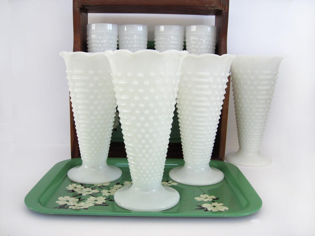 Vintage Tall White Hobnail Vase, Milk Glass, Fire King Dot Dash ...