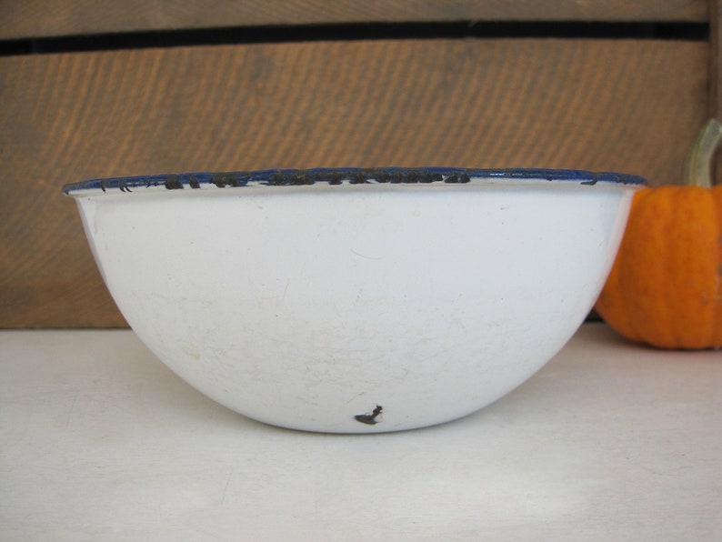 Vintage White Blue Rim Enamelware Small Bowl and Cups Handless - Etsy