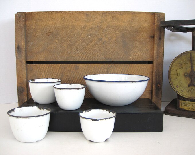 Vintage White Blue Rim Enamelware Small Bowl and Cups Handless KER ...