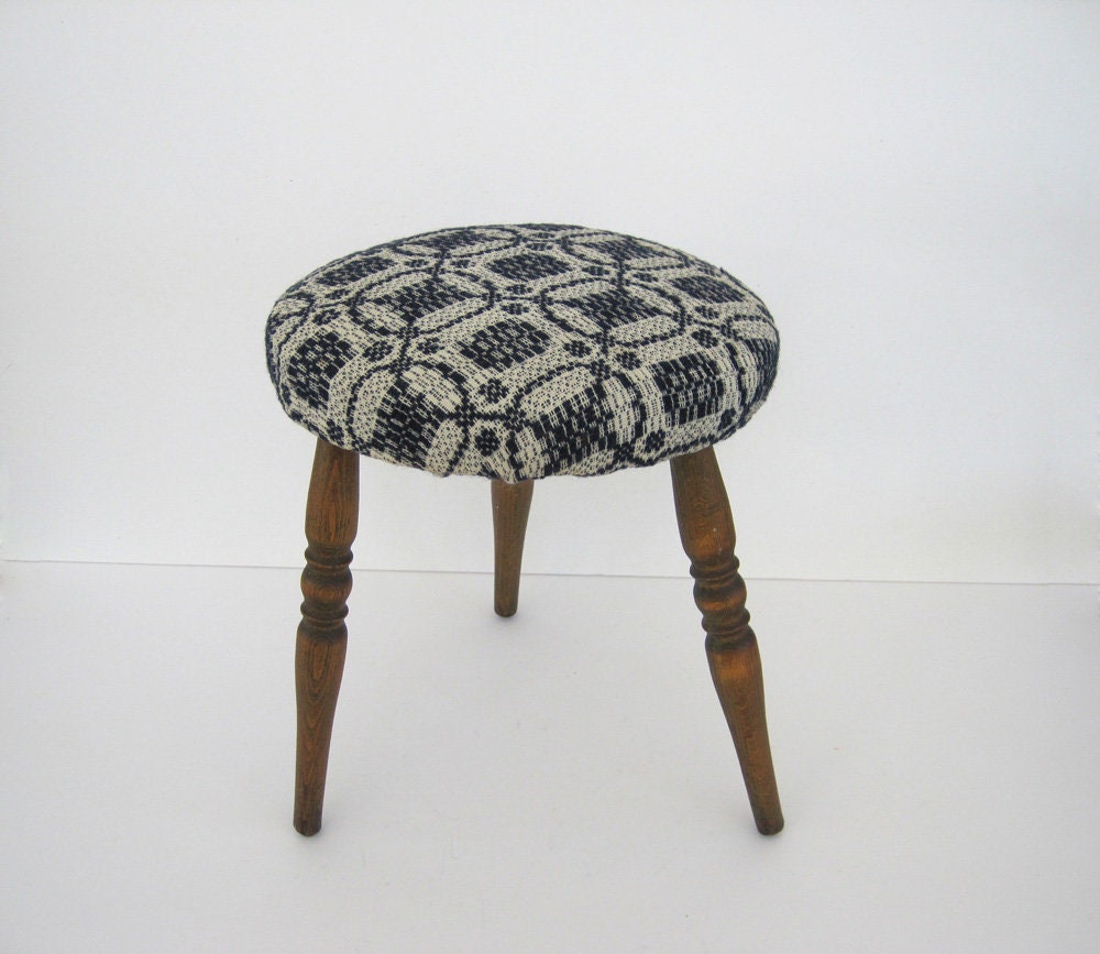 Antique Three Leg Stool Small Wood Primitive Upholstered Blue | Etsy