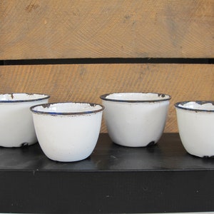 Vintage White Blue Rim Enamelware Small Bowl and Cups Handless - Etsy