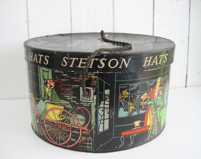 Vintage Stetson Hat Box Antique Hatbox Oval Lithograph Dickens Style ...