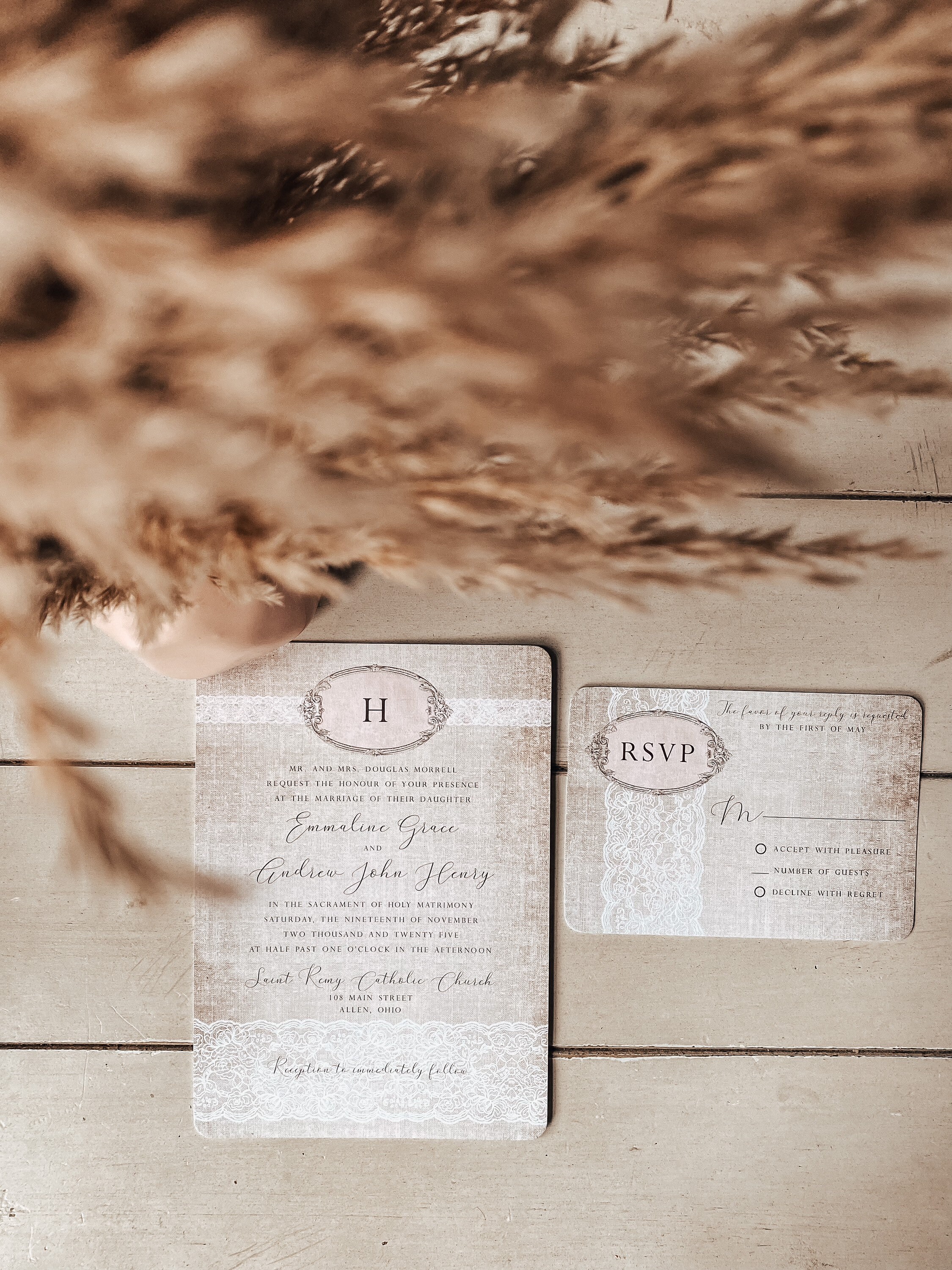 Linen Lace Wedding Invitations Printed Vintage Rustic Romantic ...