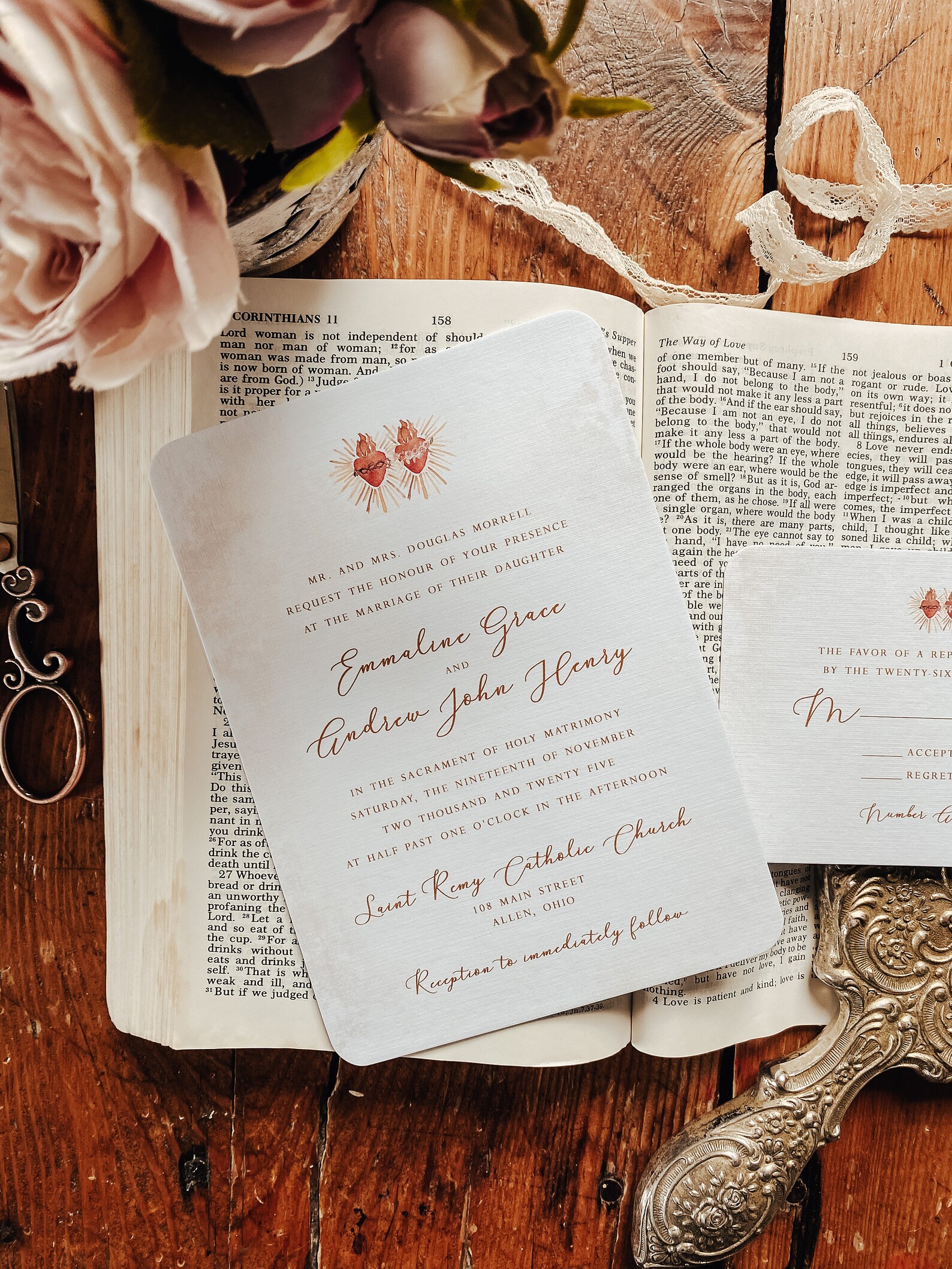 Catholic Wedding Invitations. Sacred and Immaculate Hearts. Linen ...