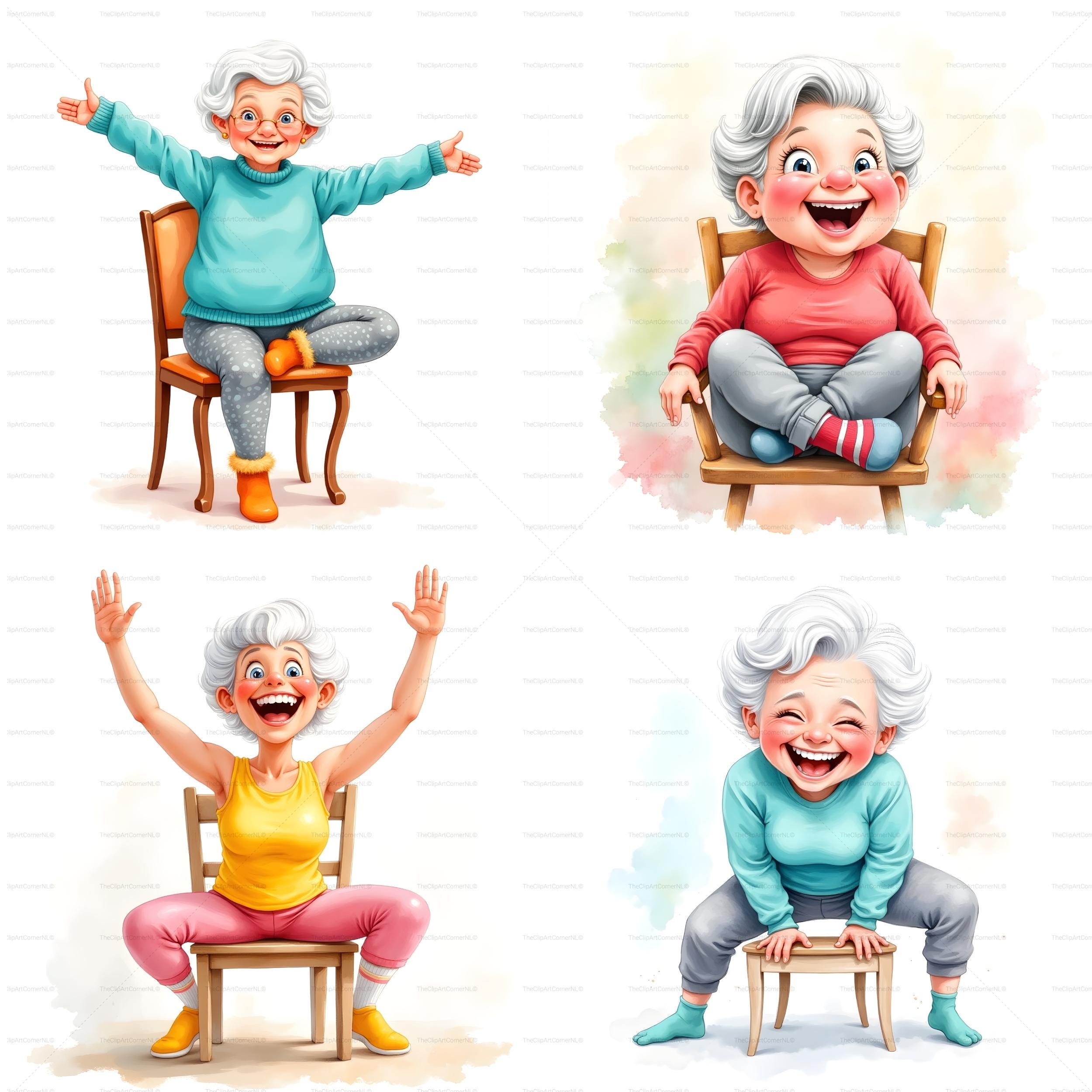 12 Clipart Chair Yoga Grannies – Funny Elderly Exercise Art – Digital ...
