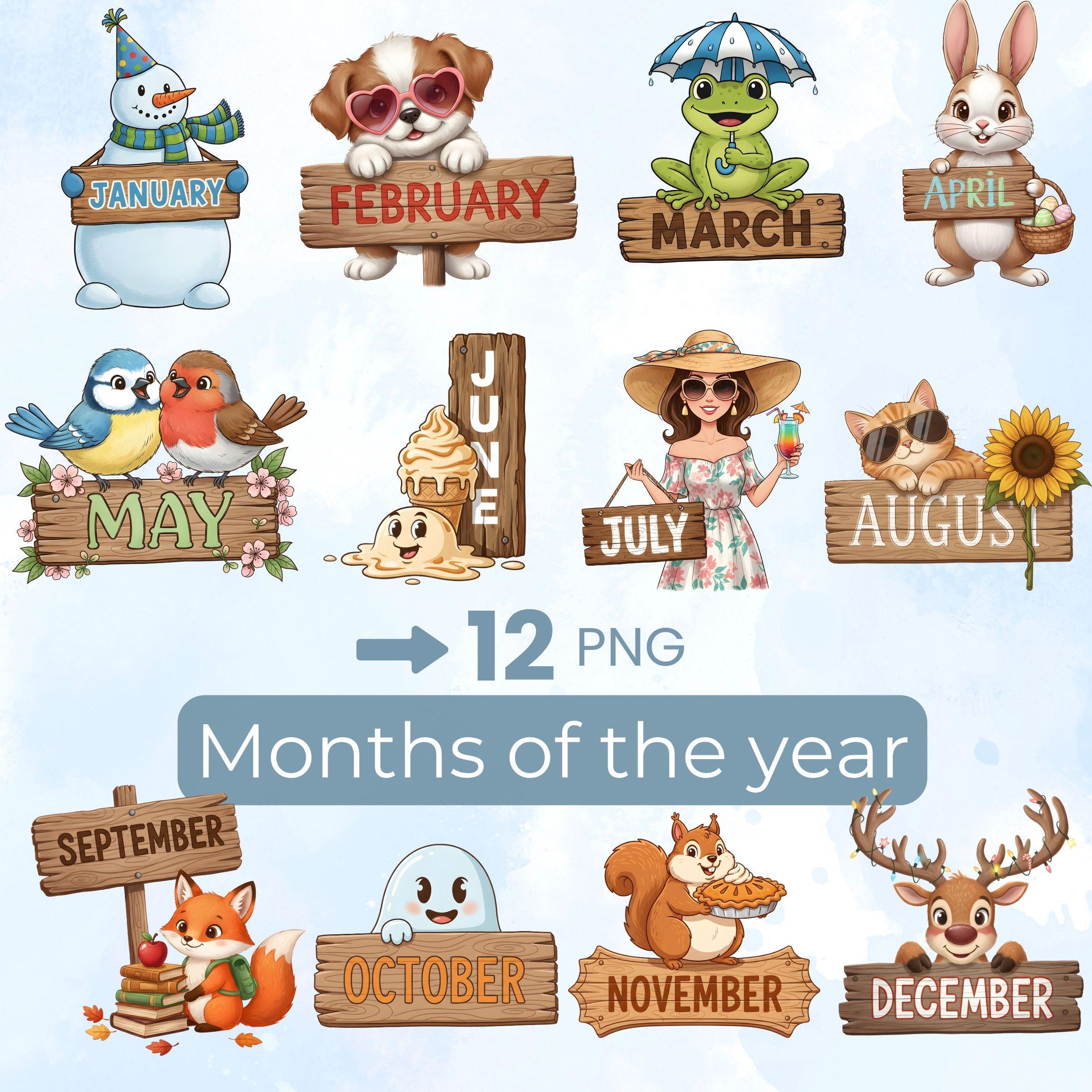 Months of the Year Clipart: Cartoon Animals PNG (digital Download) - Etsy