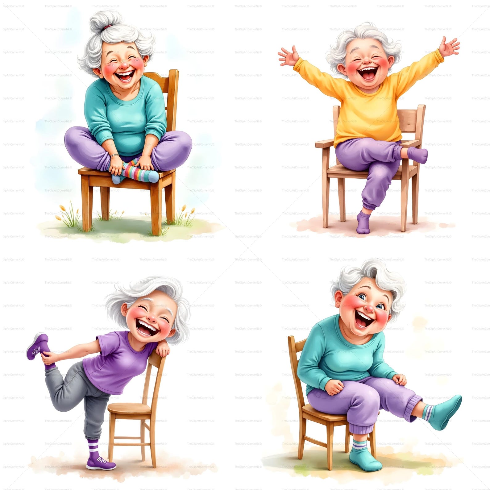 12 Clipart Chair Yoga Grannies – Funny Elderly Exercise Art – Digital ...