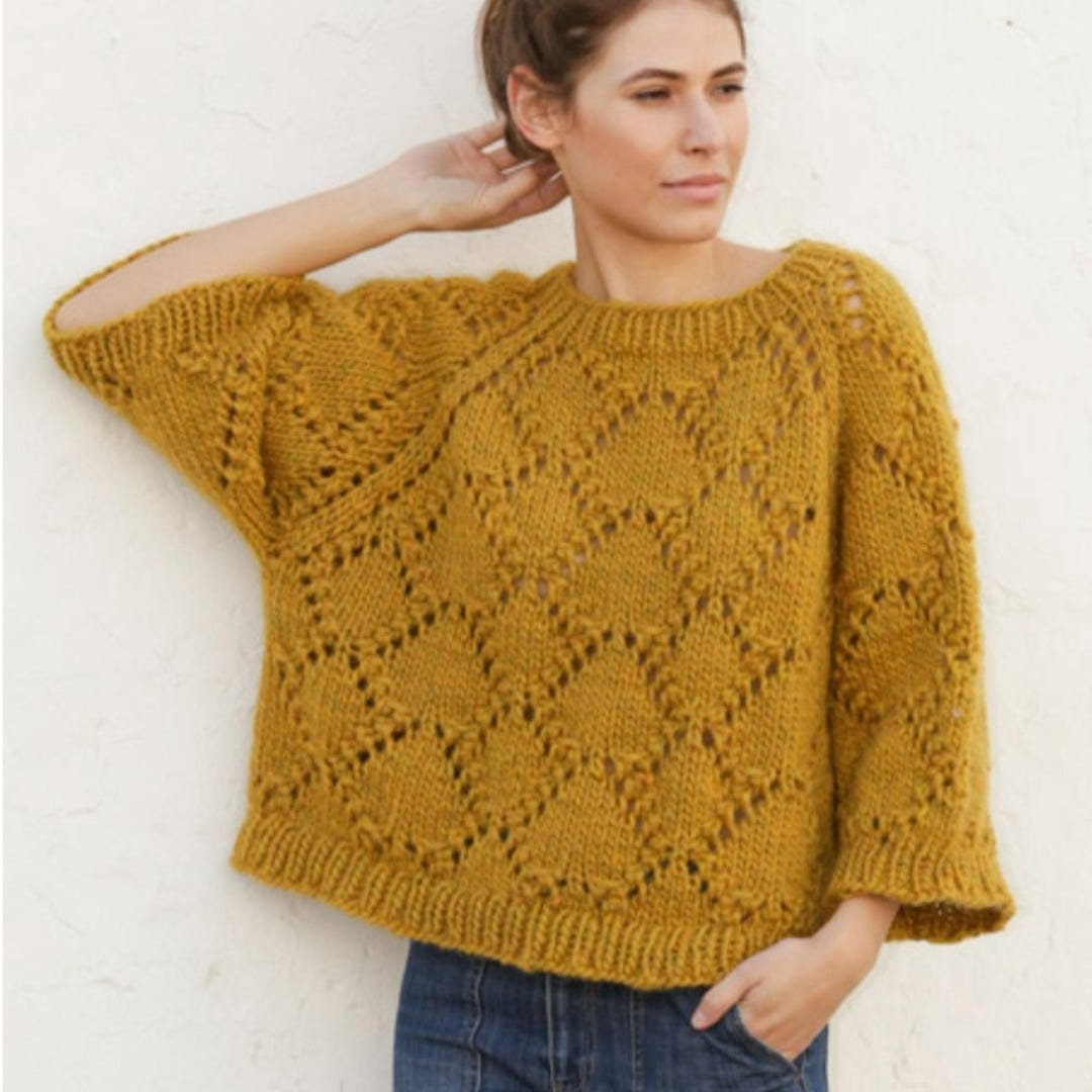 Mustard Lace Knit Sweater Pattern Oversized Women's Pullover Top ...