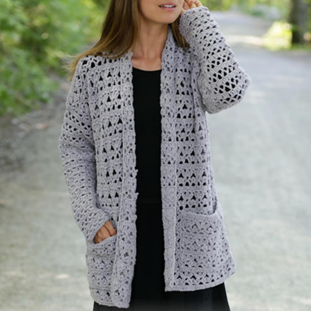 Crochet Cardigan Pattern – Lacy Long Sleeve Pocket Jacket PDF, Easy ...