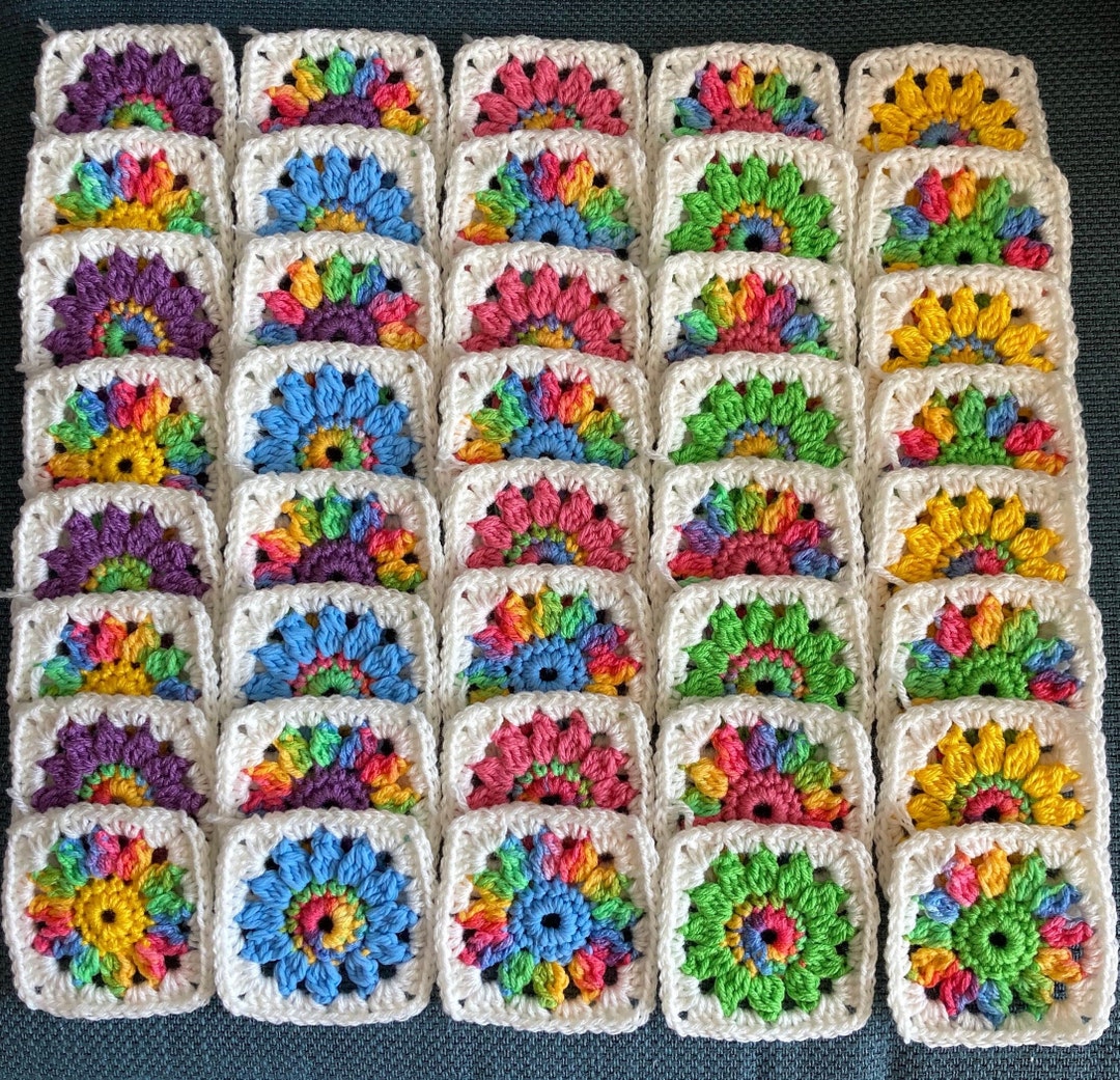 40 Floral Granny Squares Crochet Blocks Contemporary Rainbow Multi With ...