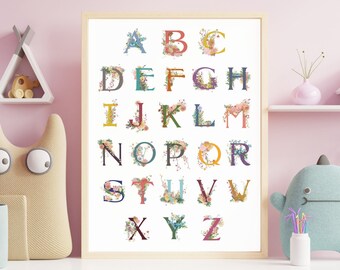 Set of 2 Wildflowers Alphabet Numbers Poster, Floral Alphabet Print ...