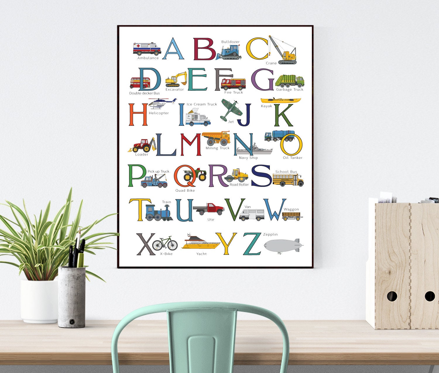 Vehicle Alphabet Poster, Boys Wall Art, ABC Print, Construction Truck ...