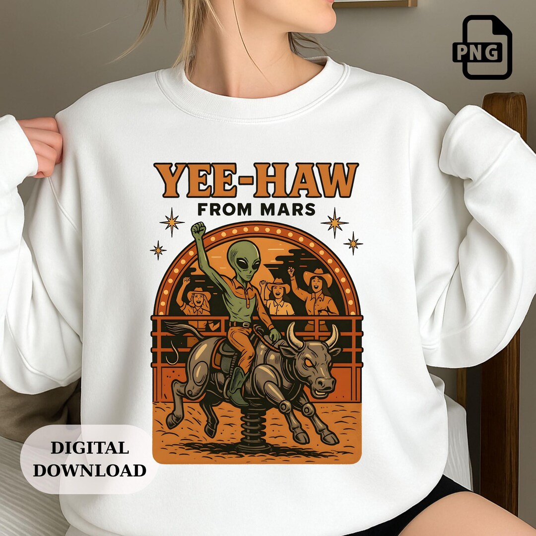 Alien Rodeo Retro Western PNG – Green Alien Riding Mechanical Bull ...