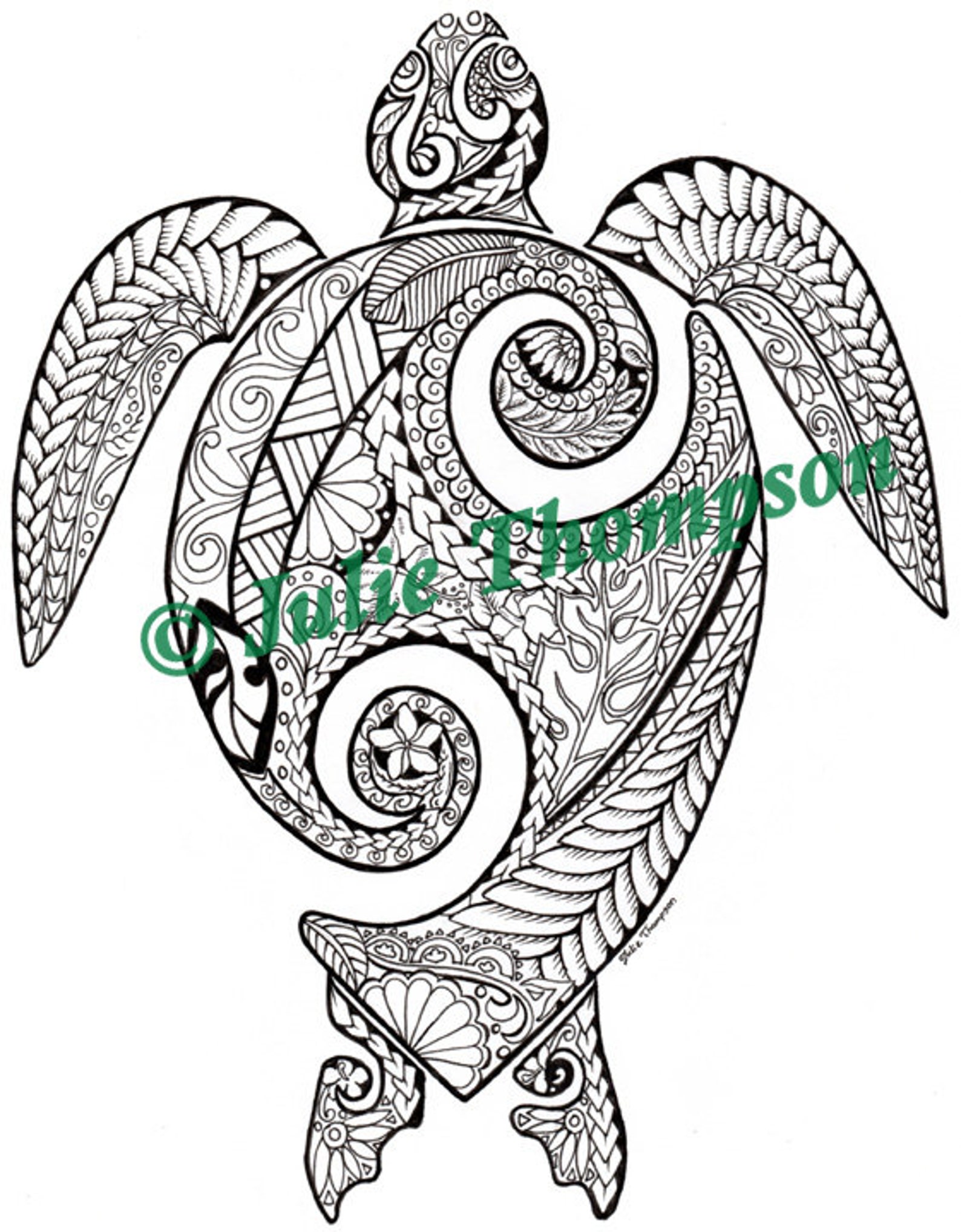 Tribal Green Sea Turtle Hand Drawn Coloring Page - Etsy