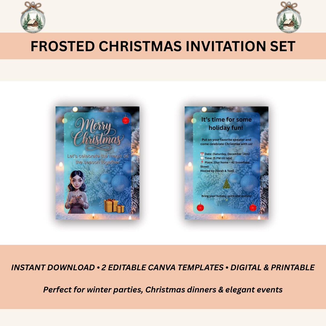 Frosted Christmas Invitation Set – 2 Editable Canva Templates | Winter ...
