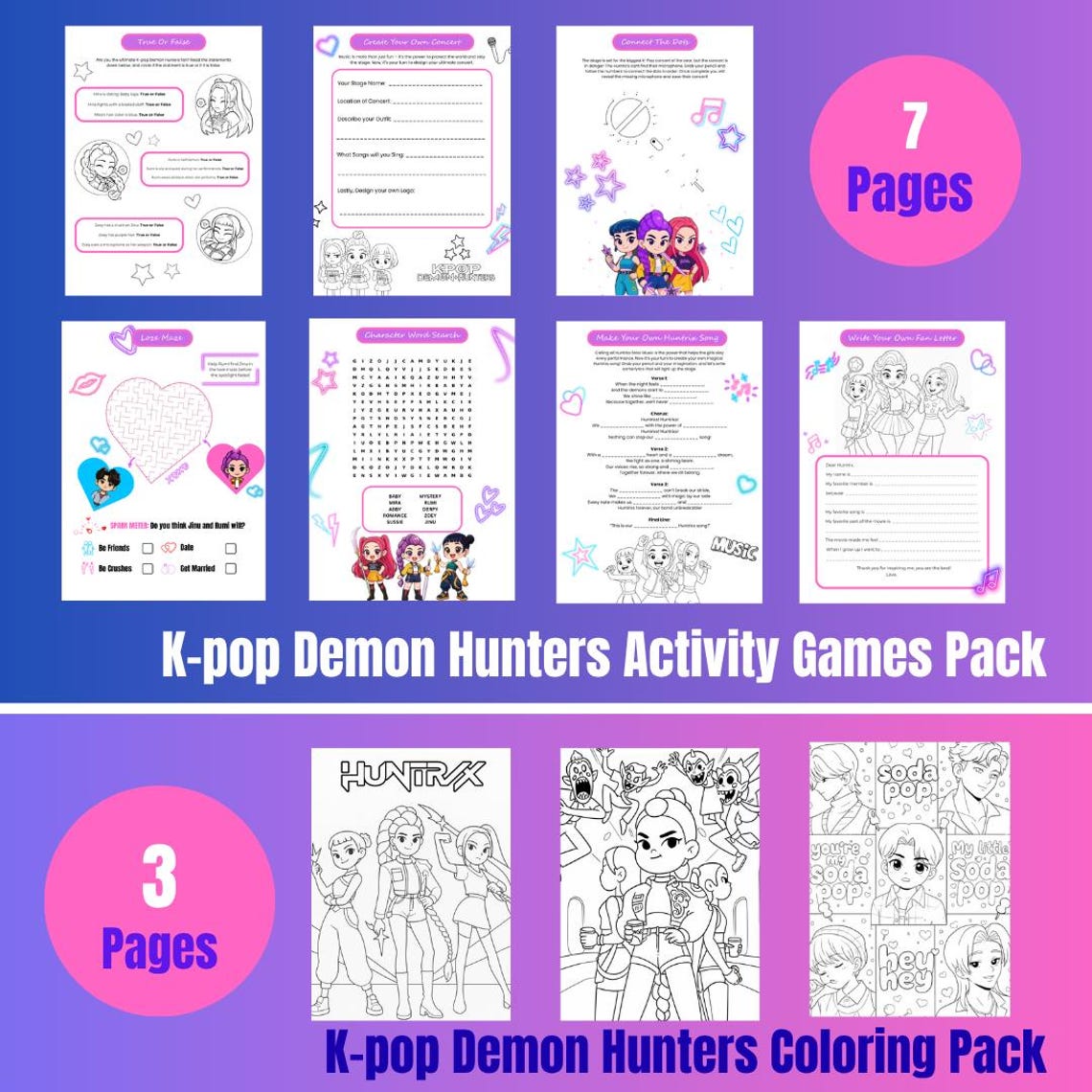 Kpop Cartoon Version Activity Games Party Pack Printable Demon Hunters ...