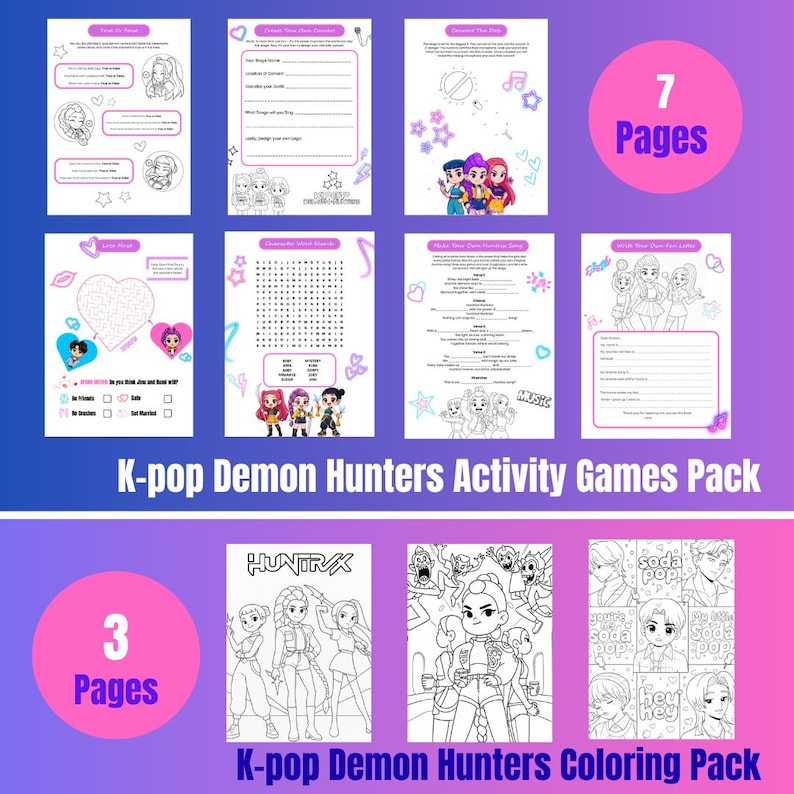 Kpop Cartoon Version Activity Games Party Pack Printable Demon Hunters ...