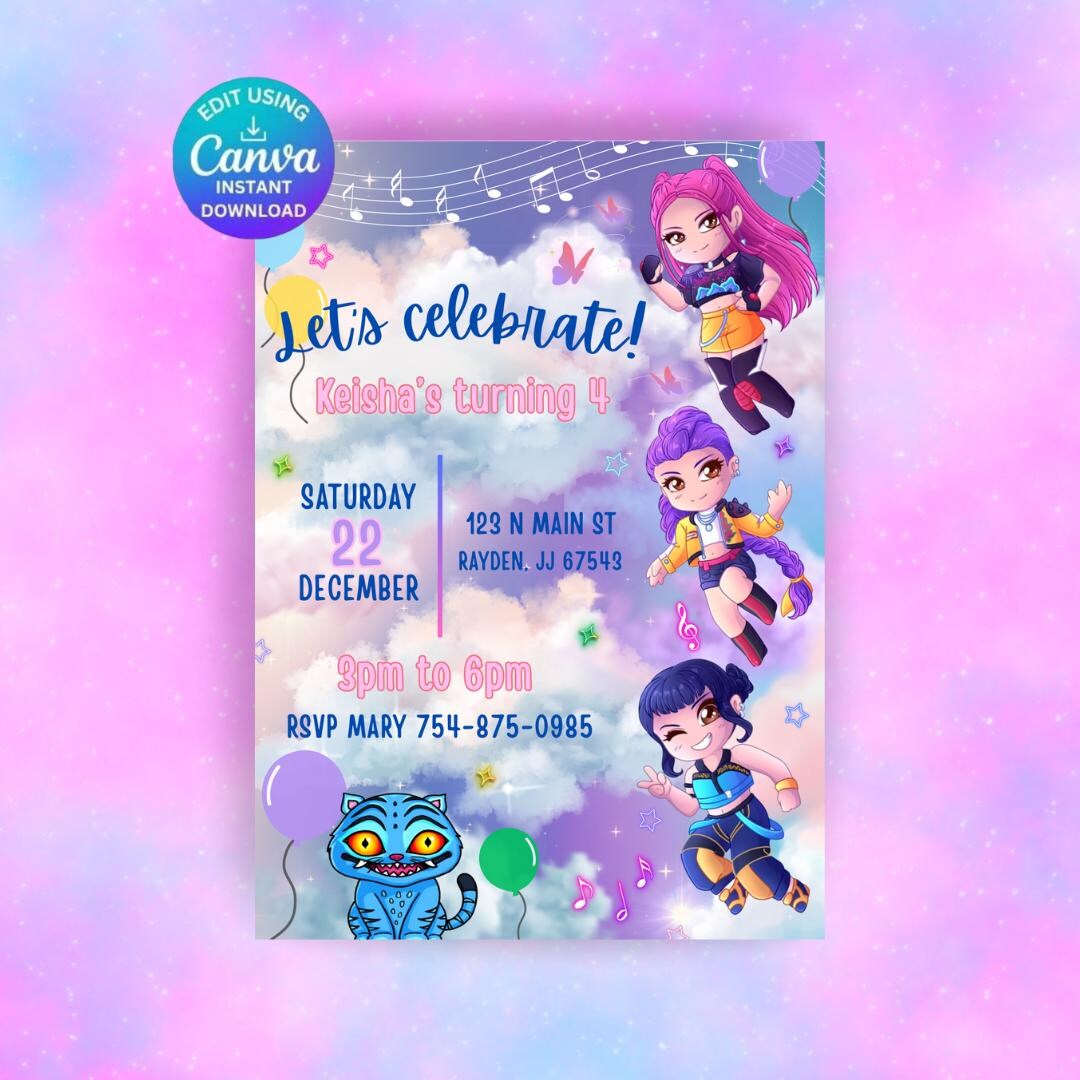K-pop Invite Birthday Party Cute Girly Derpy Tiger Huntrix Popular Teen ...