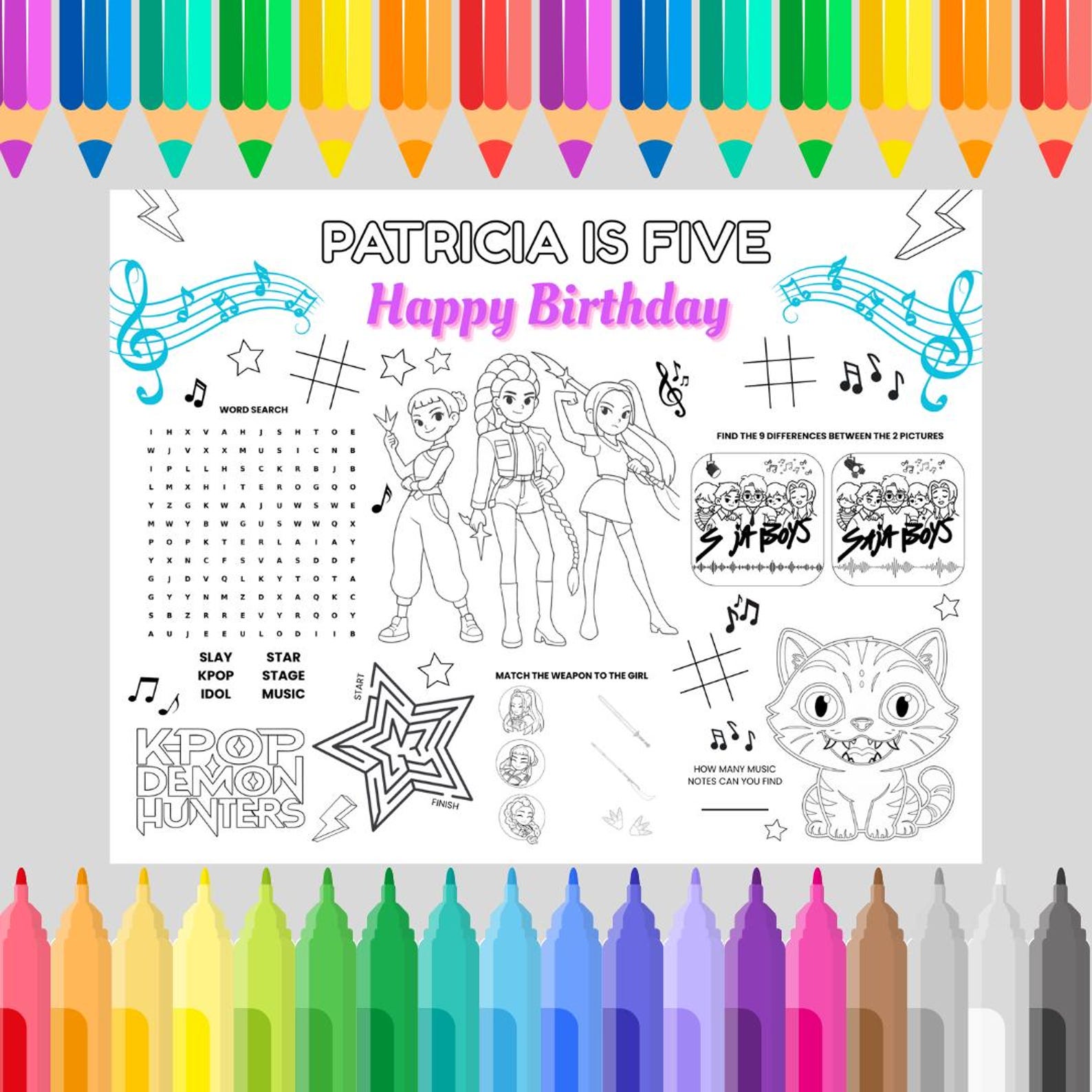 Trendy Editable K-pop Activity Placemat Printable Huntrix Birthday ...