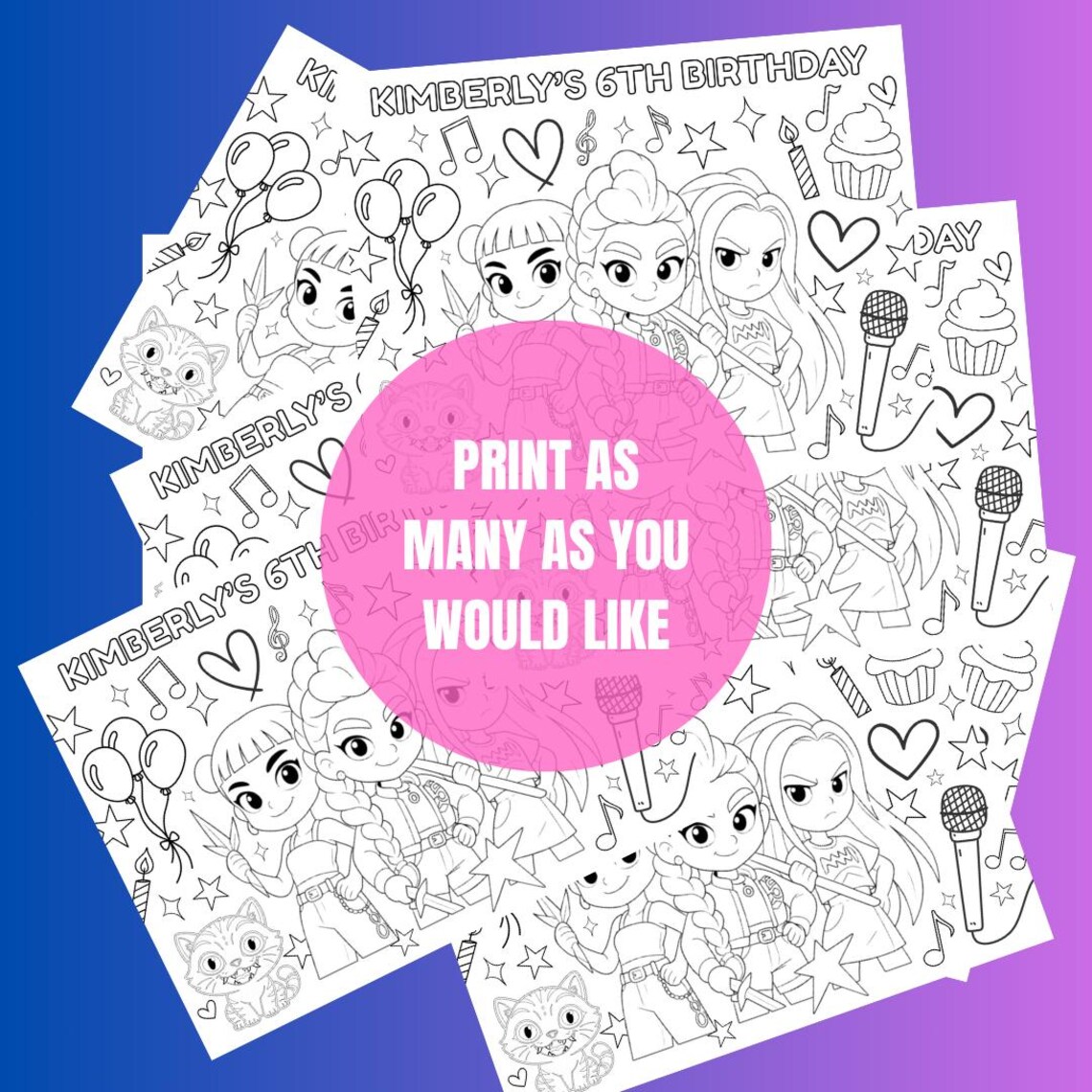 Trendy Editable K-pop Activity Placemat Coloring Huntrix Birthday ...