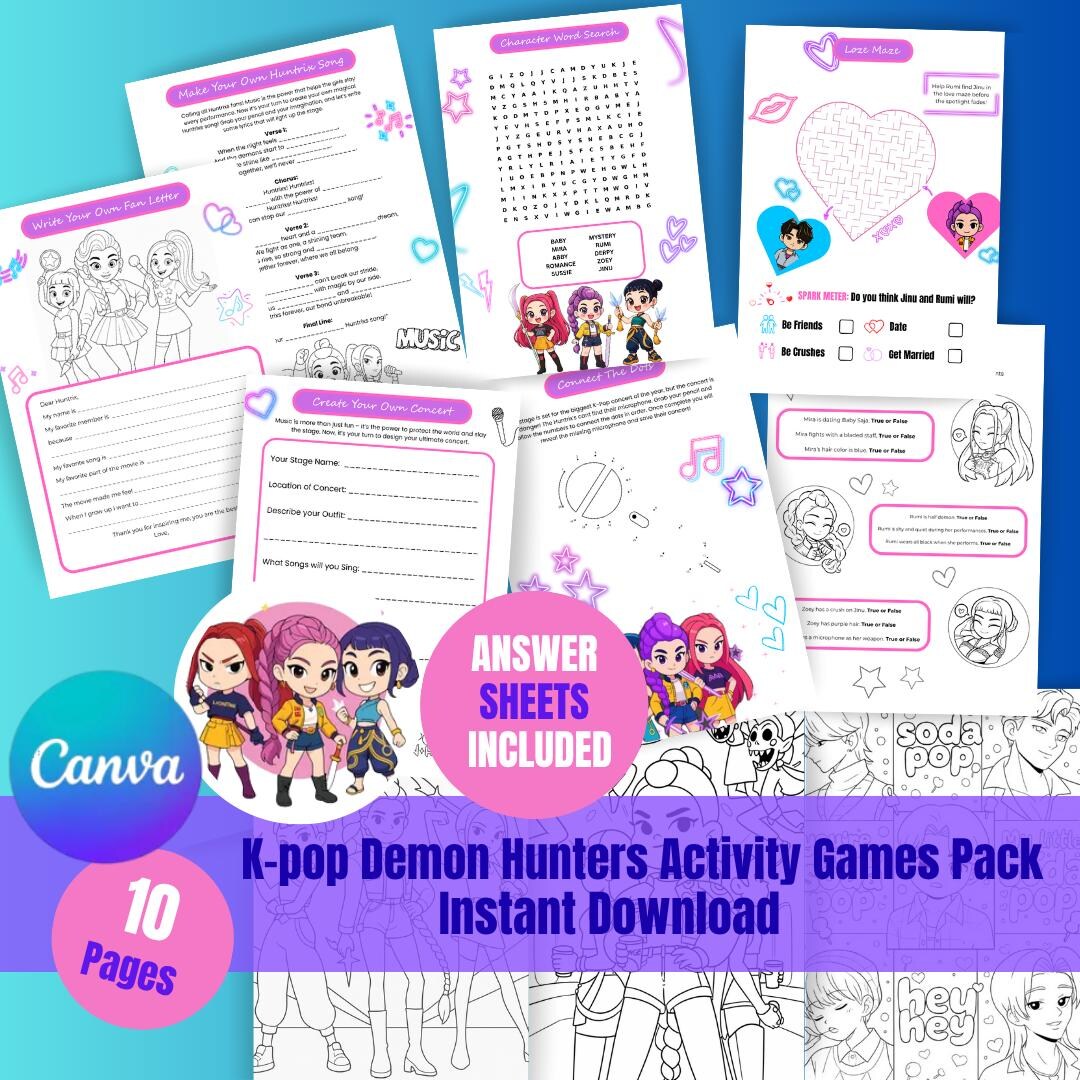 Kpop Cartoon Version Activity Games Party Pack Printable Demon Hunters ...