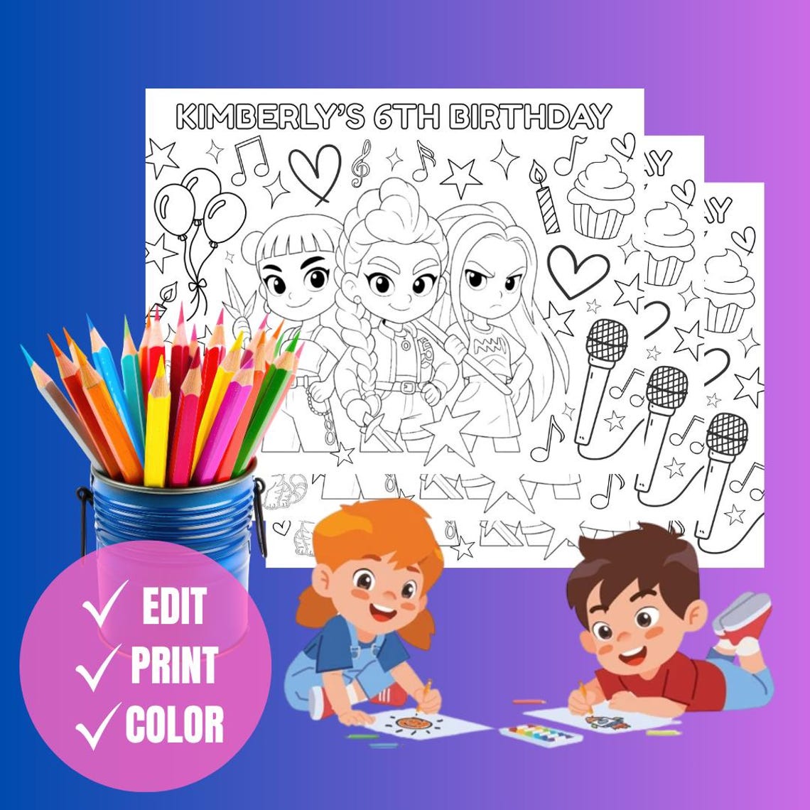 Trendy Editable K-pop Activity Placemat Coloring Huntrix Birthday ...