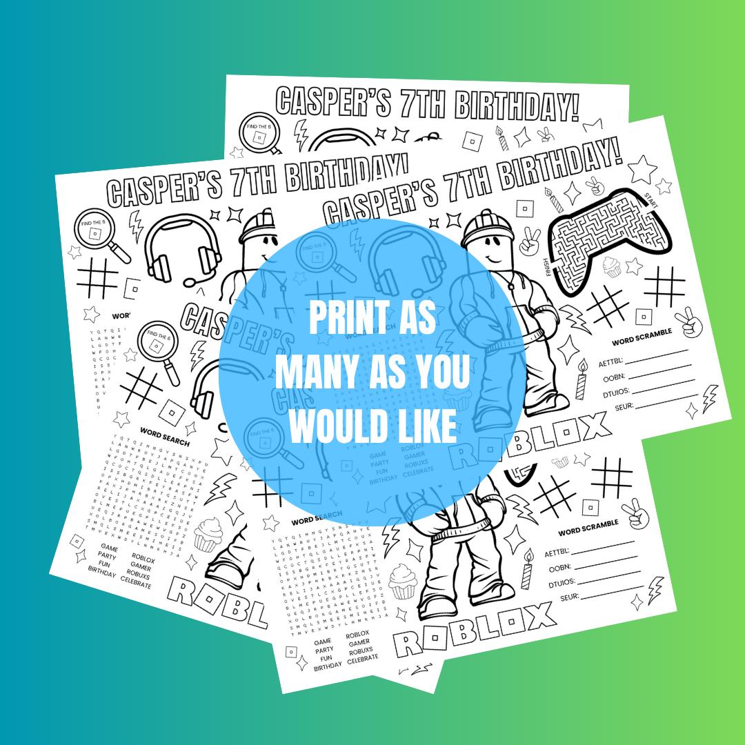 Roblox Game Birthday Party Activity Sheet Printable Coloring Kids ...