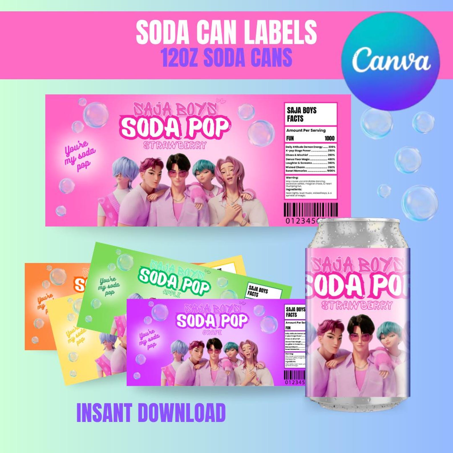 Kpop Soda Can Labels Saja Boys Huntrix Birthday Party Pop Wrappers 12oz ...
