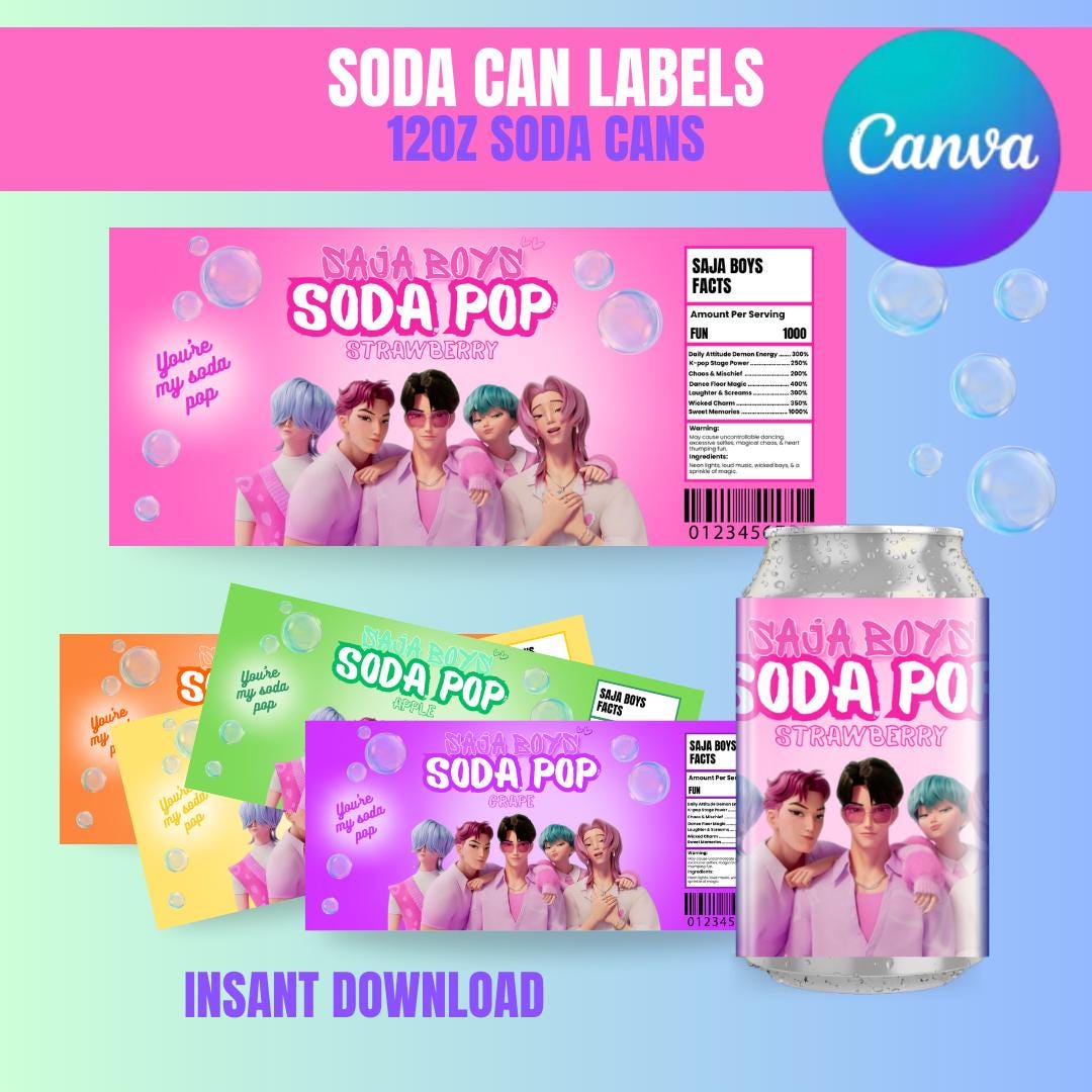 Kpop Soda Can Labels Saja Boys Huntrix Birthday Party Pop Wrappers 12oz ...