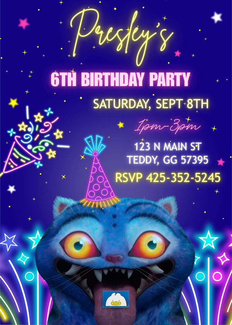 Kpop Demon Hunters Invite Birthday Party Cute Girly Derpy Tiger Huntrix ...