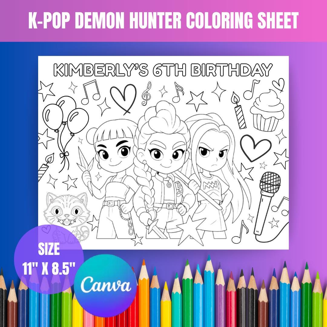 Trendy Editable K-pop Demon Hunters Activity Placemat Coloring Huntrix ...