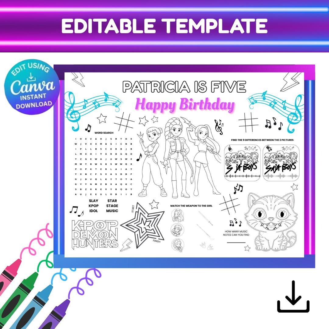 Trendy Editable K-pop Activity Placemat Printable Huntrix Birthday ...