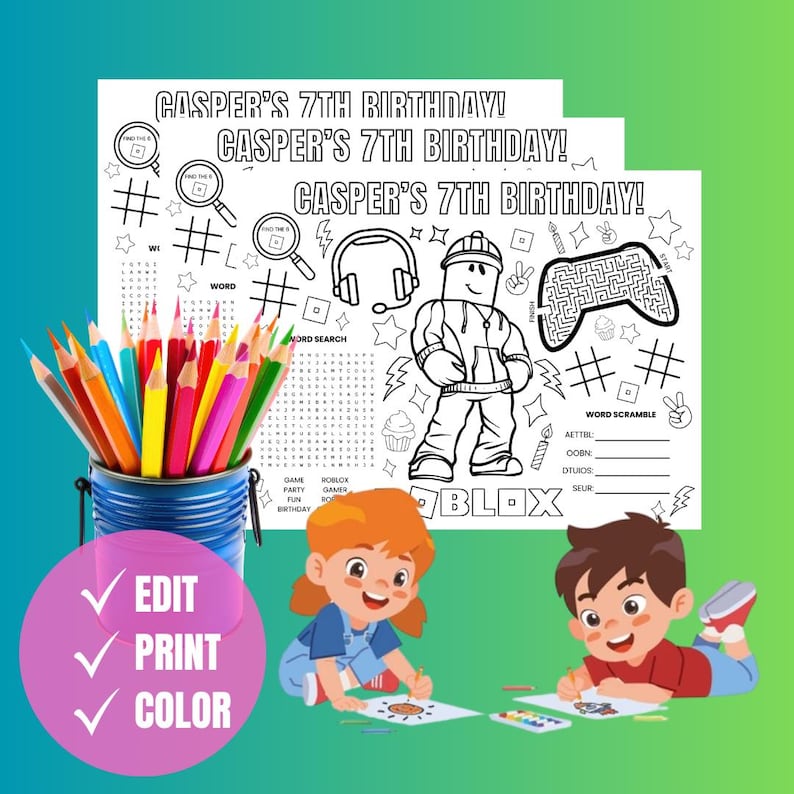 Roblox Game Birthday Party Activity Sheet Printable Coloring Kids ...