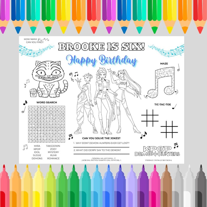 Trendy Editable Kpop Activity Placemat Printable Huntrix Birthday ...