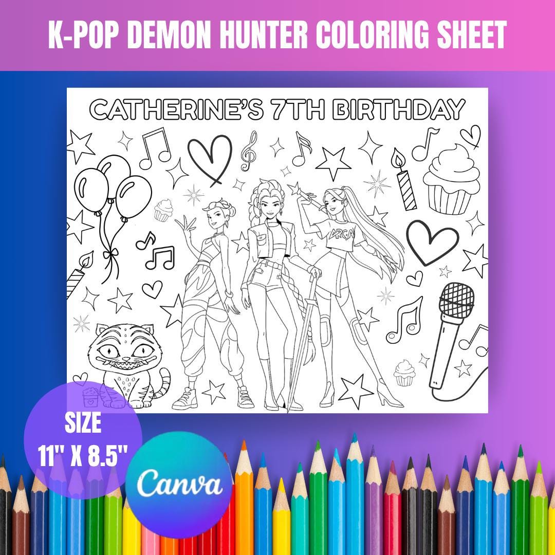 Trendy Editable K-pop Demon Hunters Activity Placemat Coloring Huntrix ...