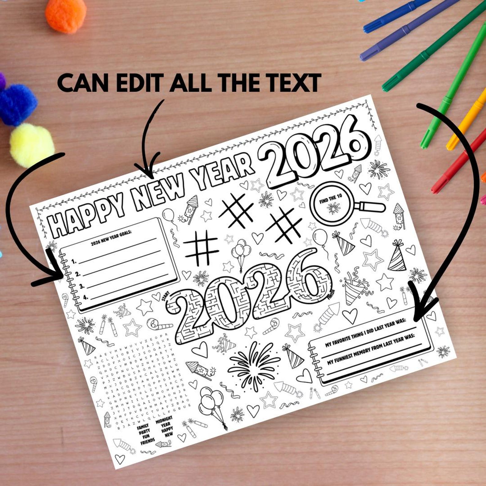 New Year 2026 Kids Activity Placemat Happy New Year's Eve Coloring Page ...