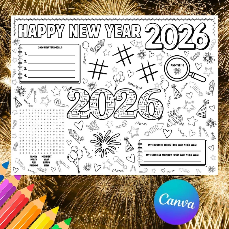New Year 2026 Kids Activity Placemat Happy New Year's Eve Coloring Page ...