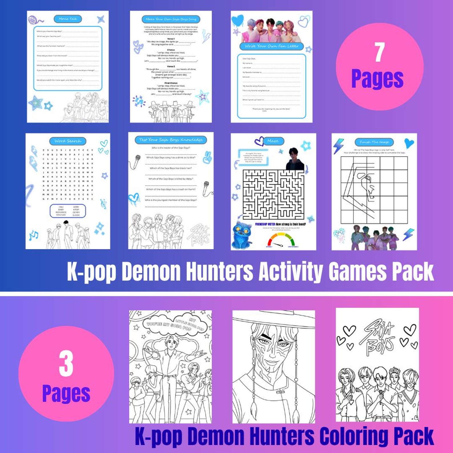 K-pop Saja Boys Activity and Games Party Pack Printable Demon Hunters ...
