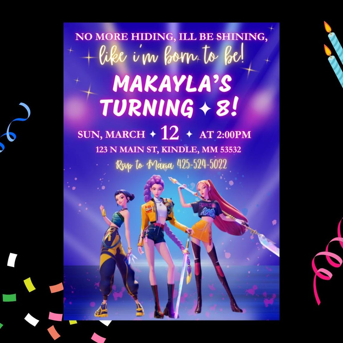 Kpop Demon Hunters Invite Birthday Party Cute Girly Galaxy Neon Huntrix ...