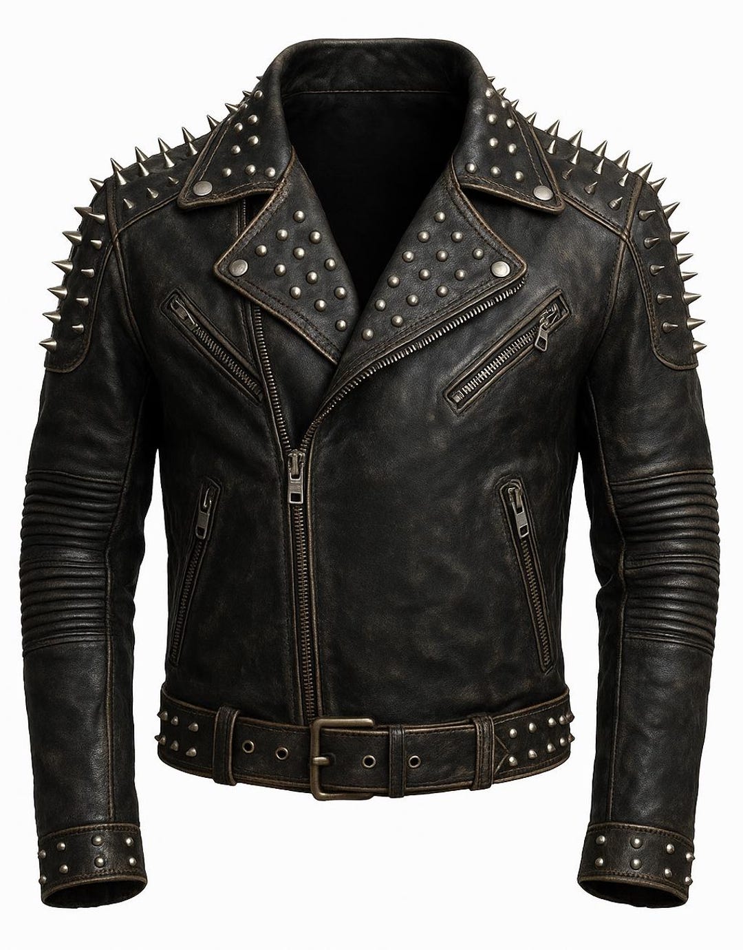 Vintage Distressed Brown Spiked Biker Jacket - Genuine Leather ...
