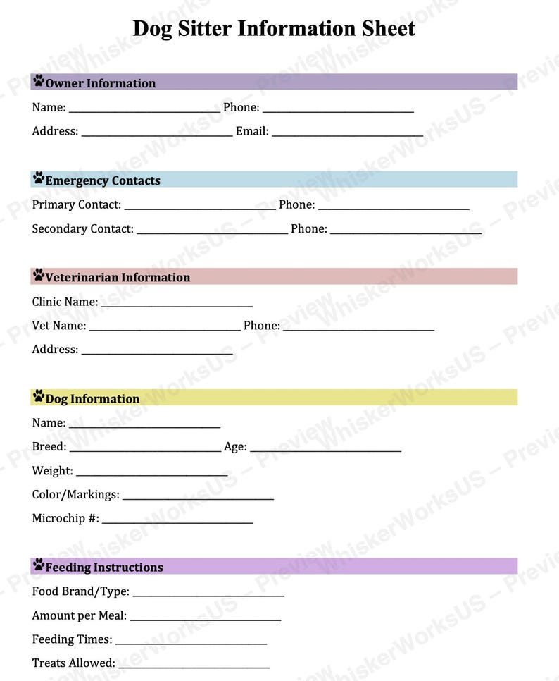 Dog Sitter Information Sheet Printable Sitter Notes Pet Care ...