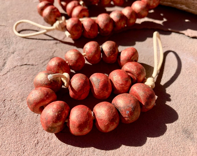 16 Large Hand Made Round Stoneware Clay Pottery Beads, Red Orange and ...