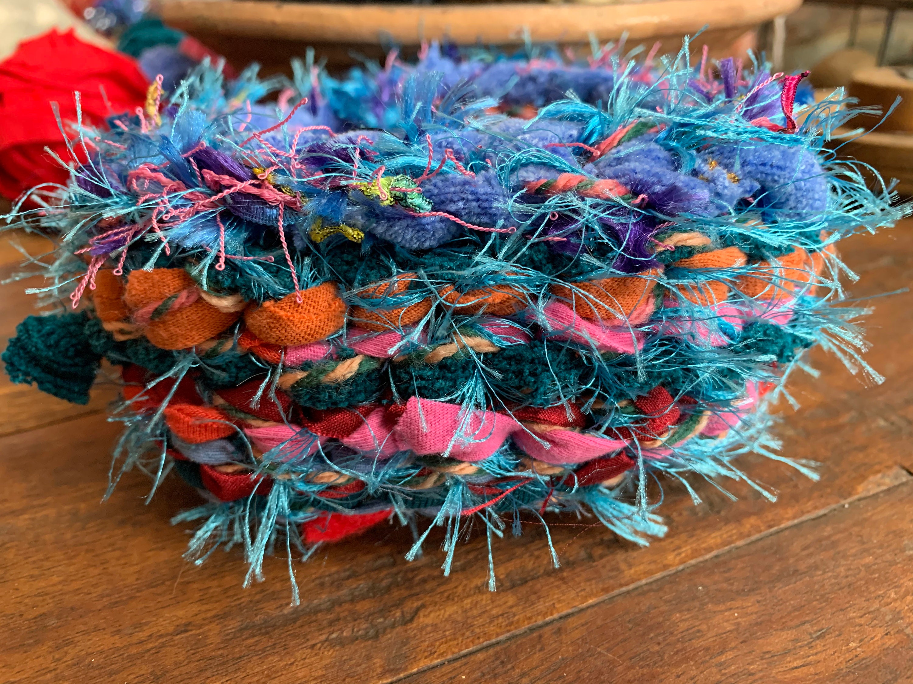 Rag basket made with recycled fabric and novelty yarns fiber | Etsy