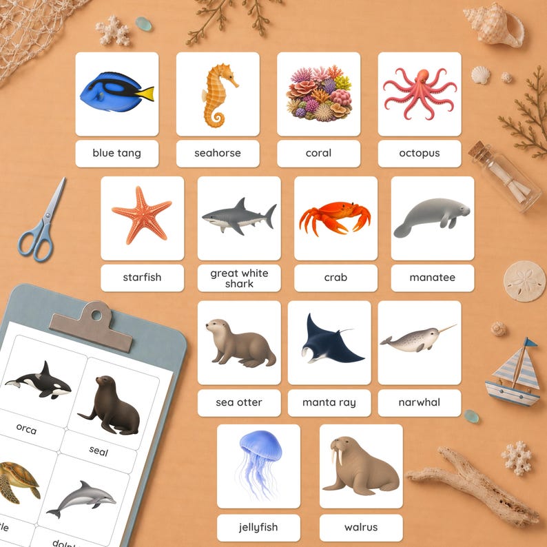 Ocean Animals Flashcards, Marine Montessori 3 Part Cards, Printable ...