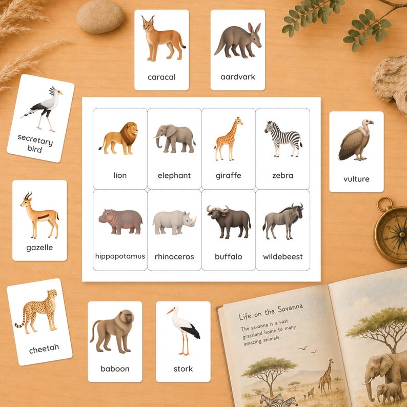 Savanna Animals Flashcards, Safari Montessori 3 Part Cards, Printable ...